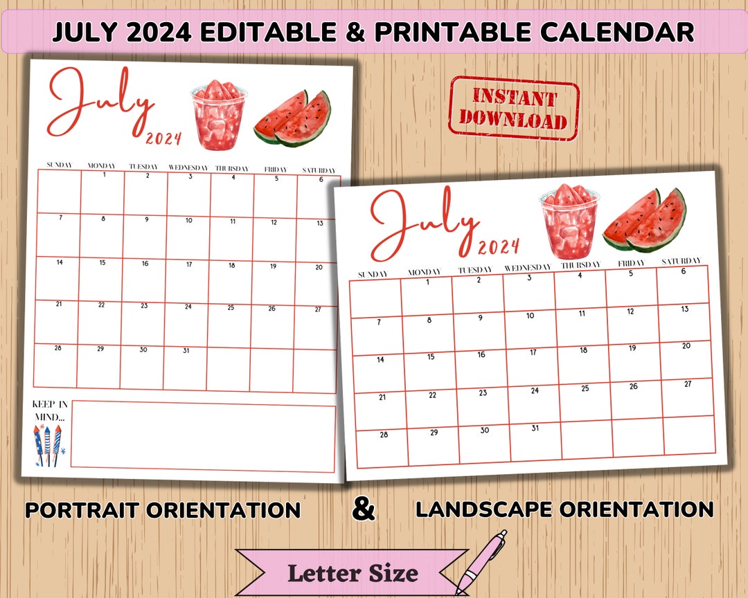 EDITABLE July 2024 Calendar, Printable Classroom Planner, Landscape ...
