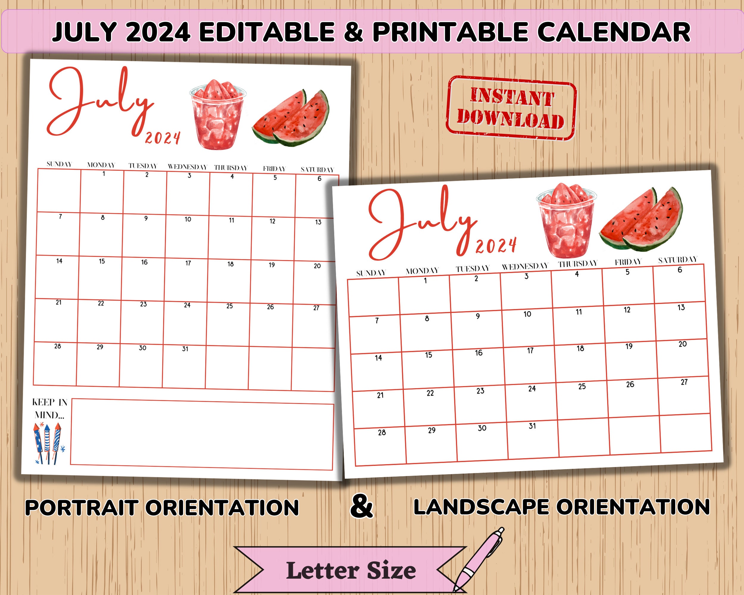 EDITABLE July 2024 Calendar, Printable Classroom Planner, Landscape ...