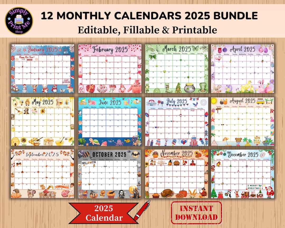 Editable Fillable Monthly Calendar 2025 Bundle From January to December ...