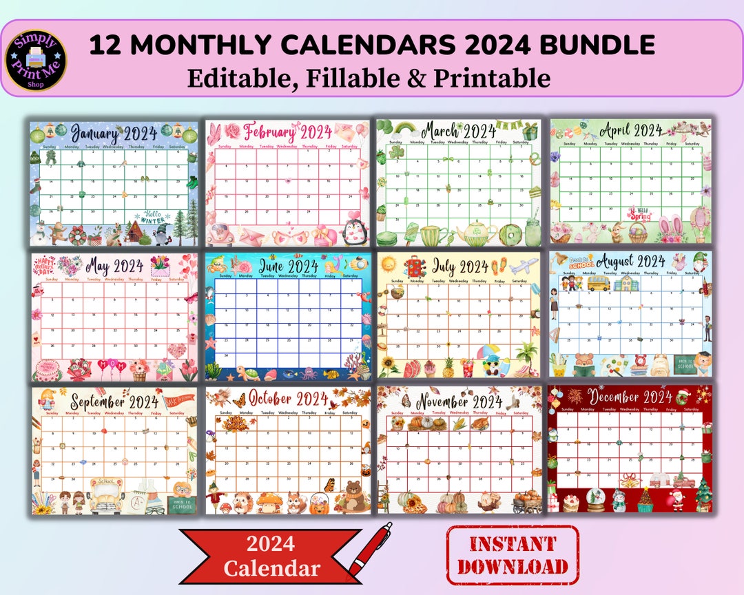 EDITABLE Monthly Calendar 2024 Bundle 12 Month for Home and Office ...