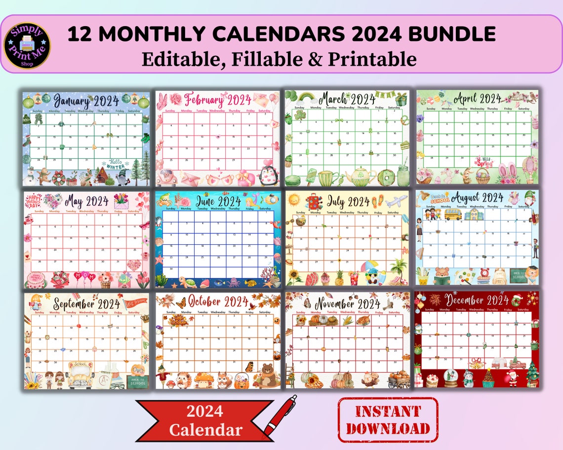 EDITABLE Monthly Calendar 2024 Bundle 12 Month for Home and Office ...