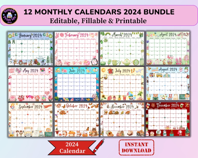 EDITABLE Monthly Calendar 2024 Bundle 12 Month for Home and Office ...