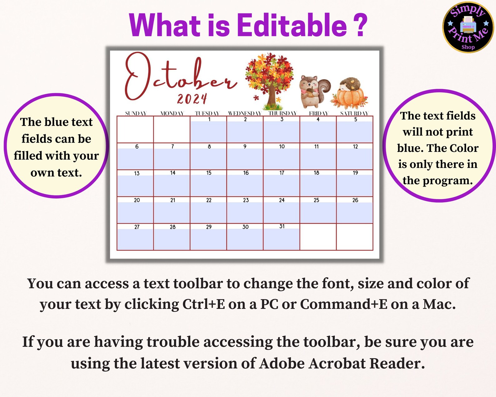 EDITABLE October 2024 Calendar, Printable Autumn Classroom Planner ...