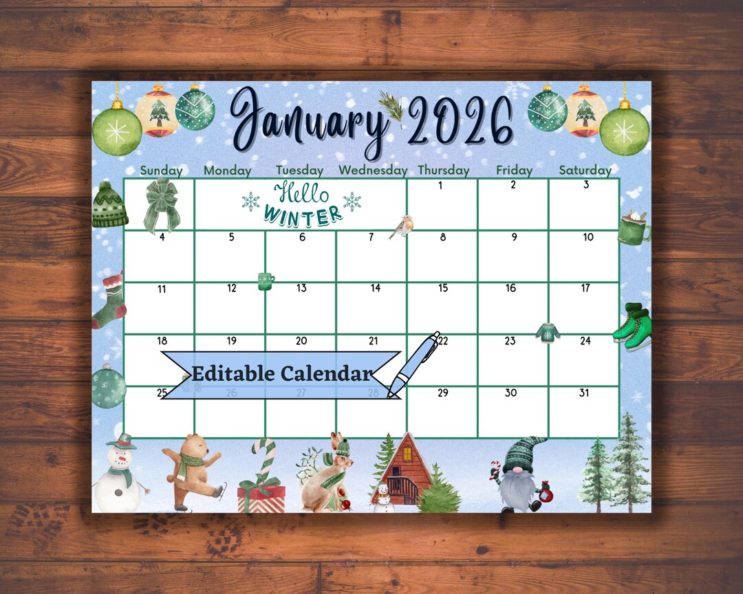 Editable Fillable January 2026 Calendar for Happy New Year, Colorful ...