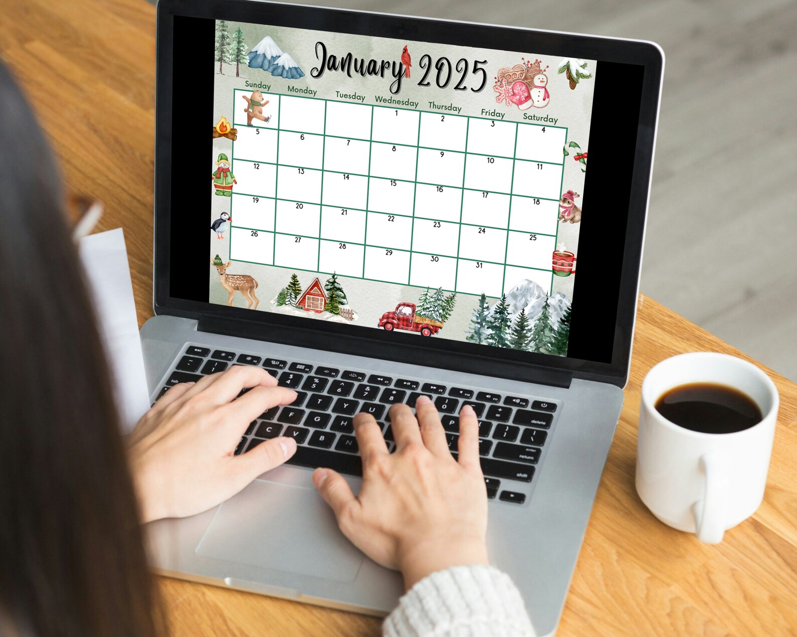 Editable January 2025 Calendar for Happy Winter, New Year 2025, Trees ...