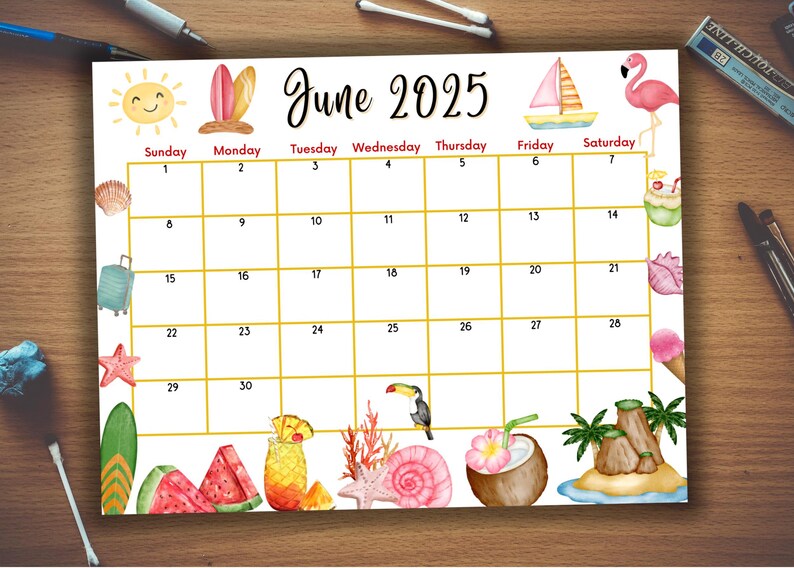 Editable Fillable June 2025 Calendar for Joyful Summer at the Beach ...