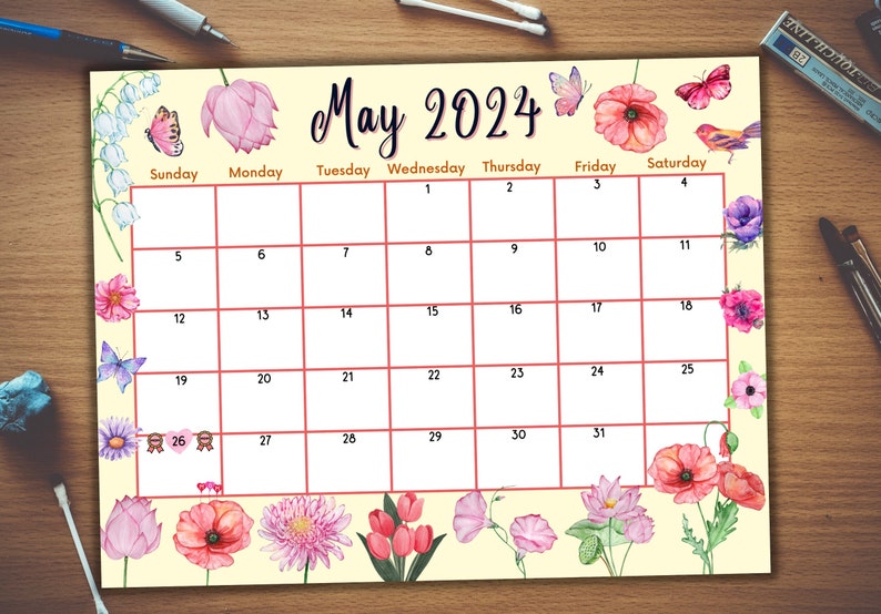Editable Fillable May 2024 Calendar for Spring With Lovely Flowers ...