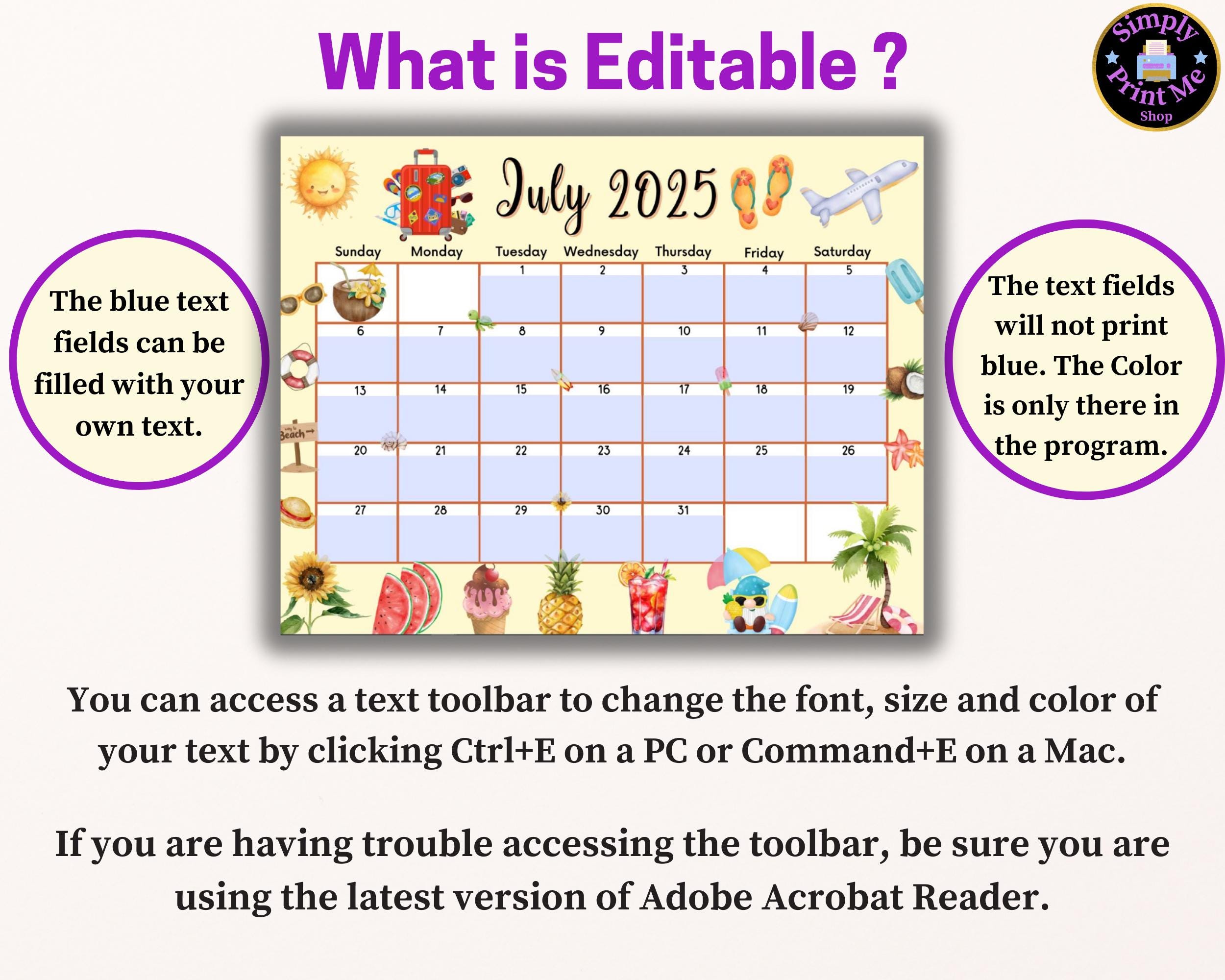 Editable Fillable July 2025 Calendar for Joyful Summer, Relaxing ...
