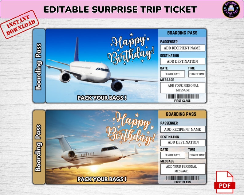 Editable Birthday Airplane Template Ticket, Printable Boarding Pass ...
