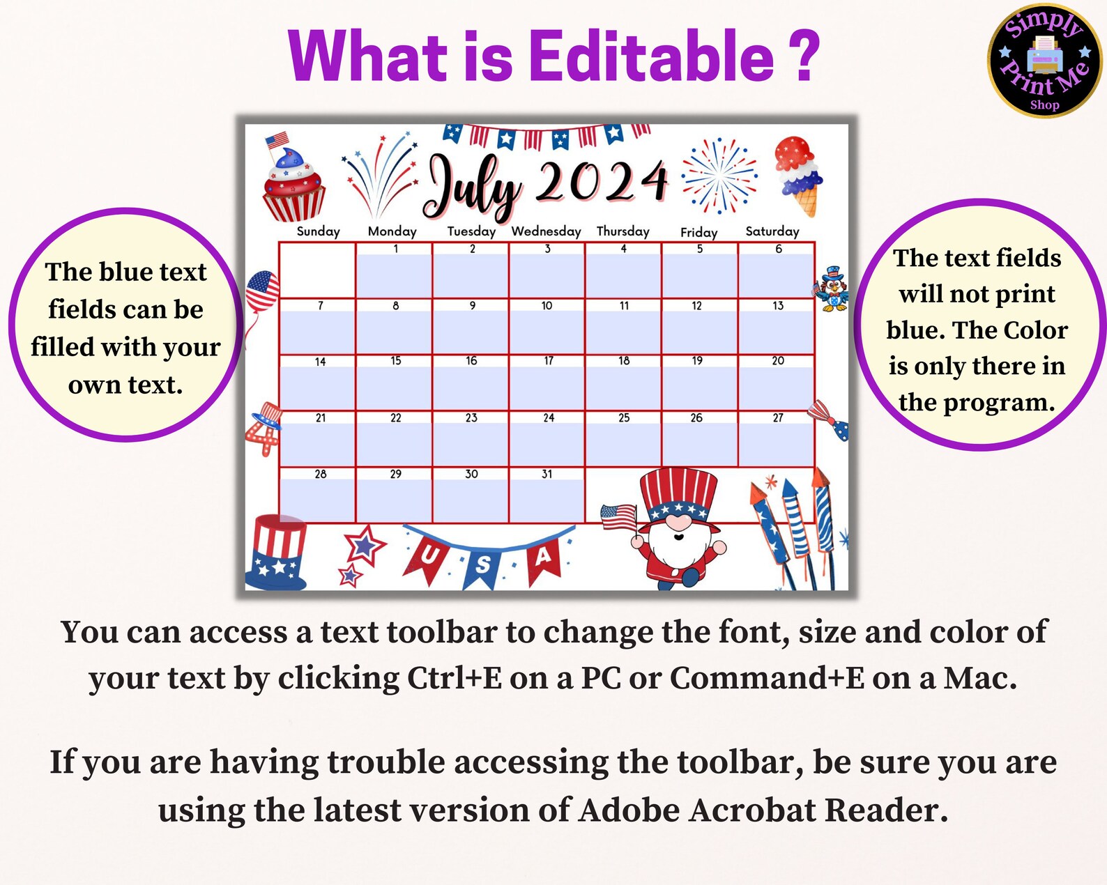 Editable Fillable July 2024 Calendar for Happy 4th July Independence ...