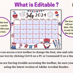Editable Fillable July 2024 Calendar for Happy 4th July Independence ...