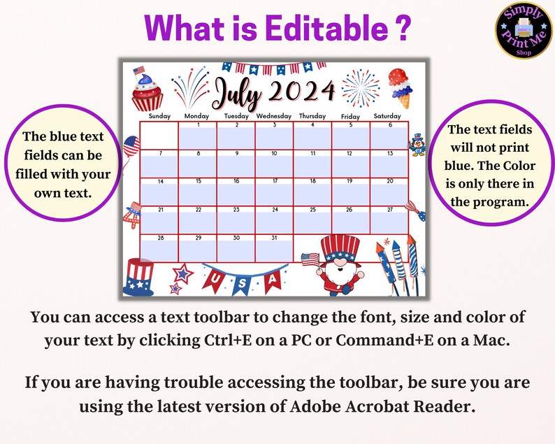 Editable Fillable July 2024 Calendar for Happy 4th July Independence ...