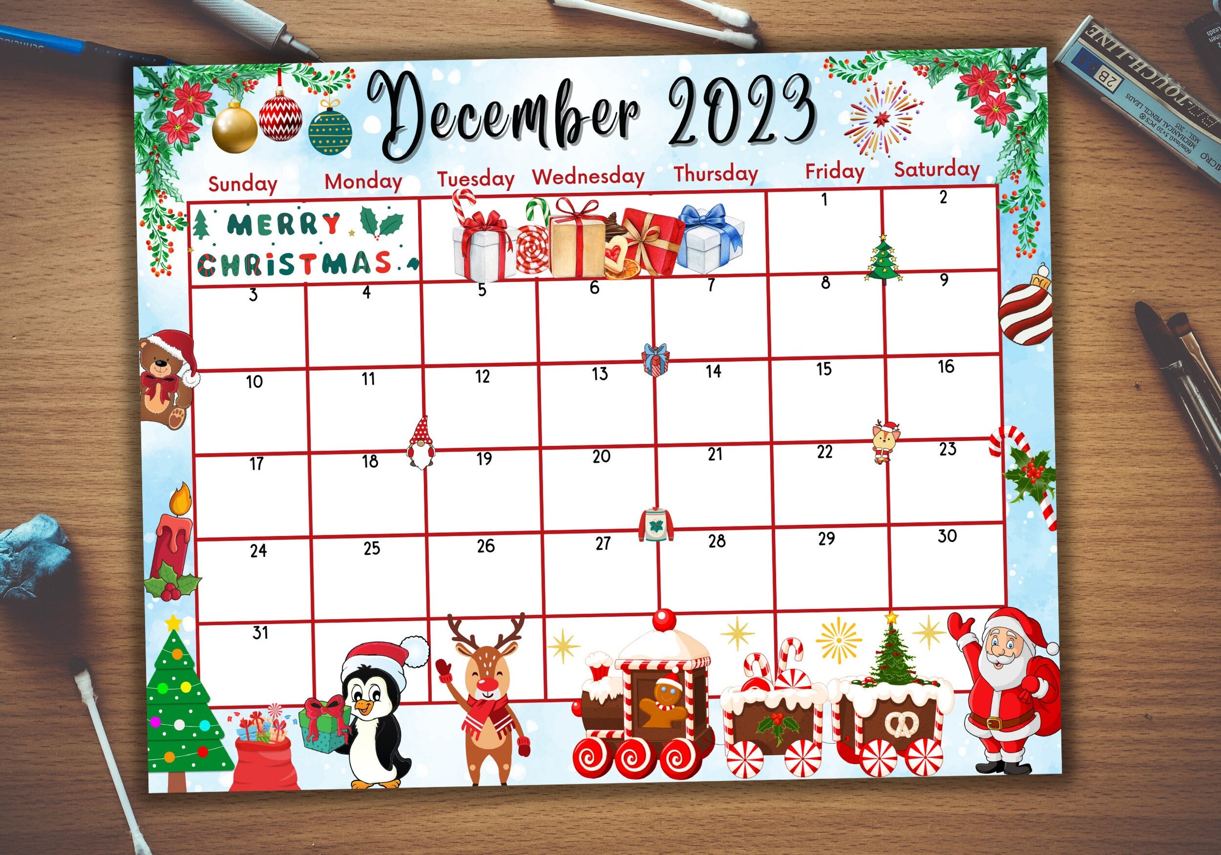 Editable December 2023 Calendar, Fillable, Printable, Joyful Merry ...