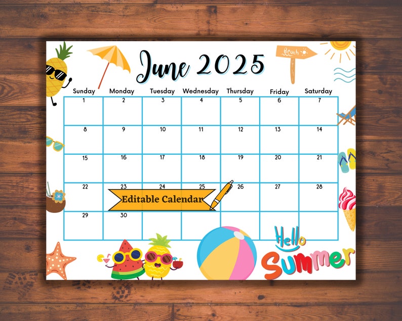 Editable Fillable June 2025 Wall Calendar, Printable Classroom Planner ...