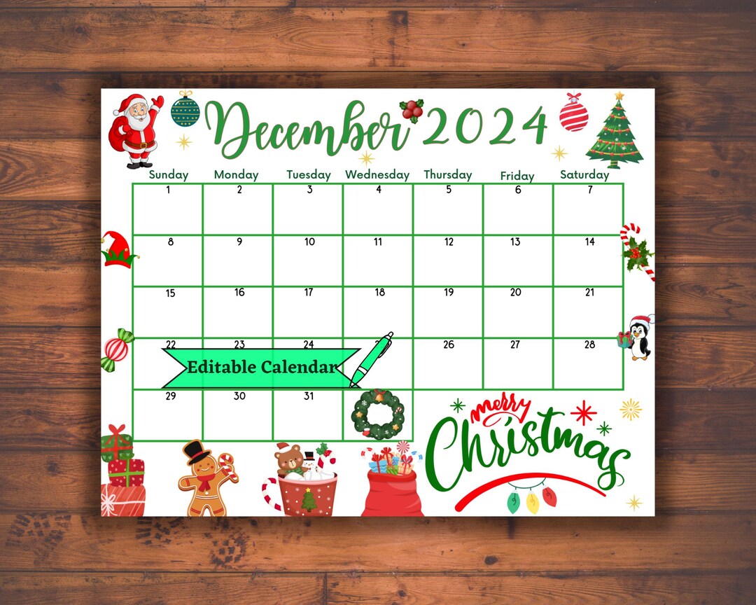 Editable Fillable December 2024 Calendar for Merry Christmas With ...