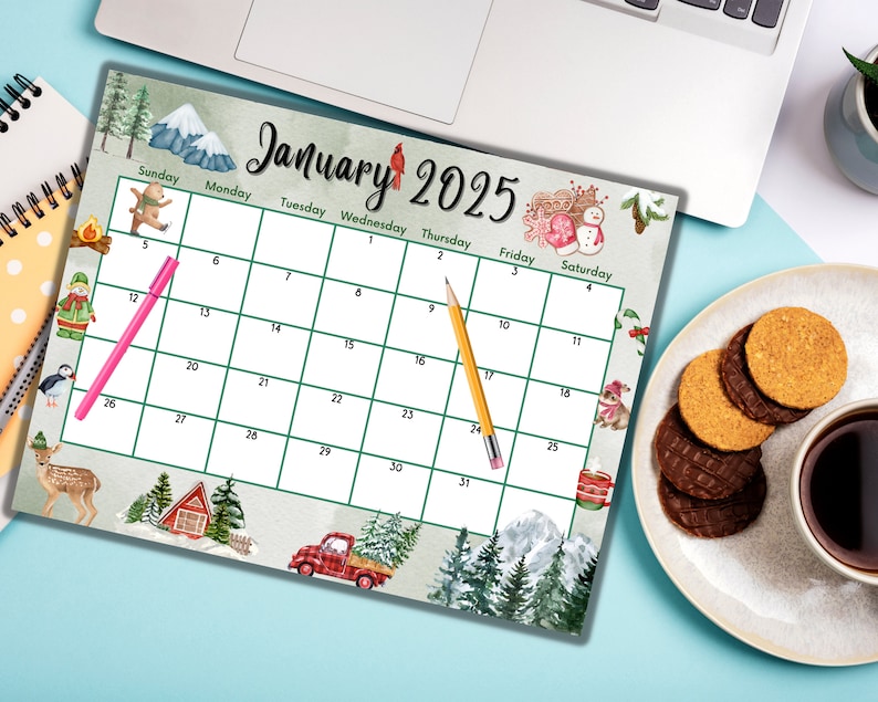 Editable January 2025 Calendar for Happy Winter, New Year 2025, Trees ...