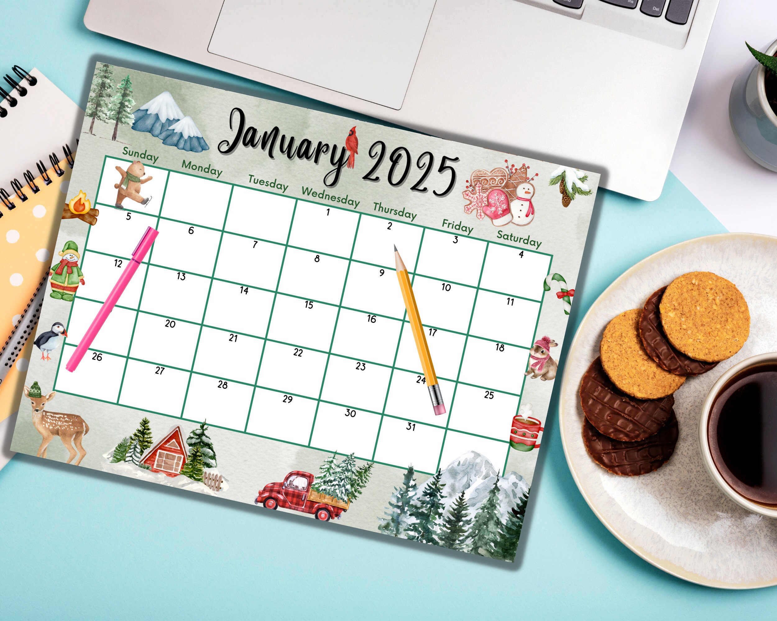 Editable January 2025 Calendar for Happy Winter, New Year 2025, Trees ...