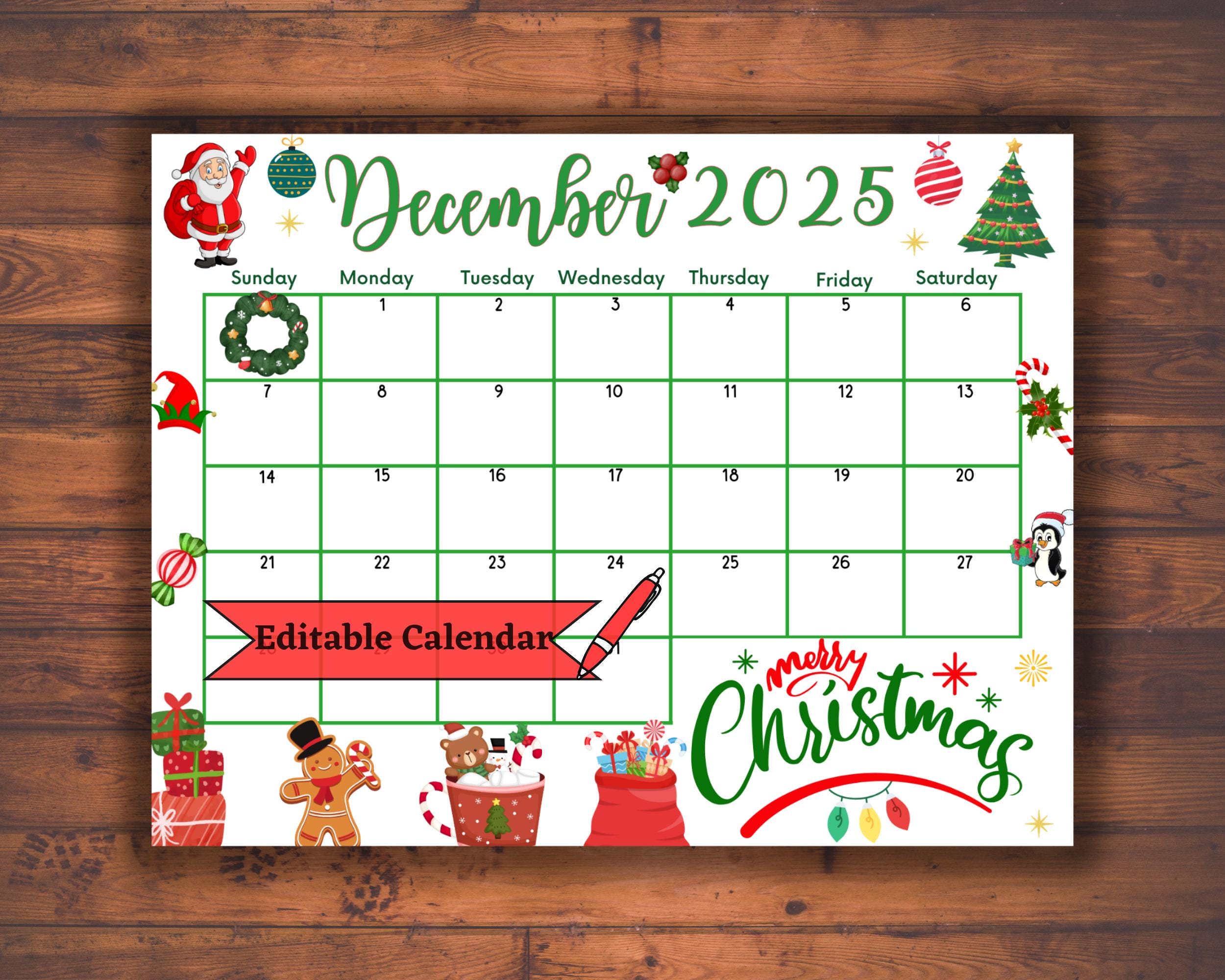 Editable Fillable December 2025 Calendar for Merry Christmas With ...