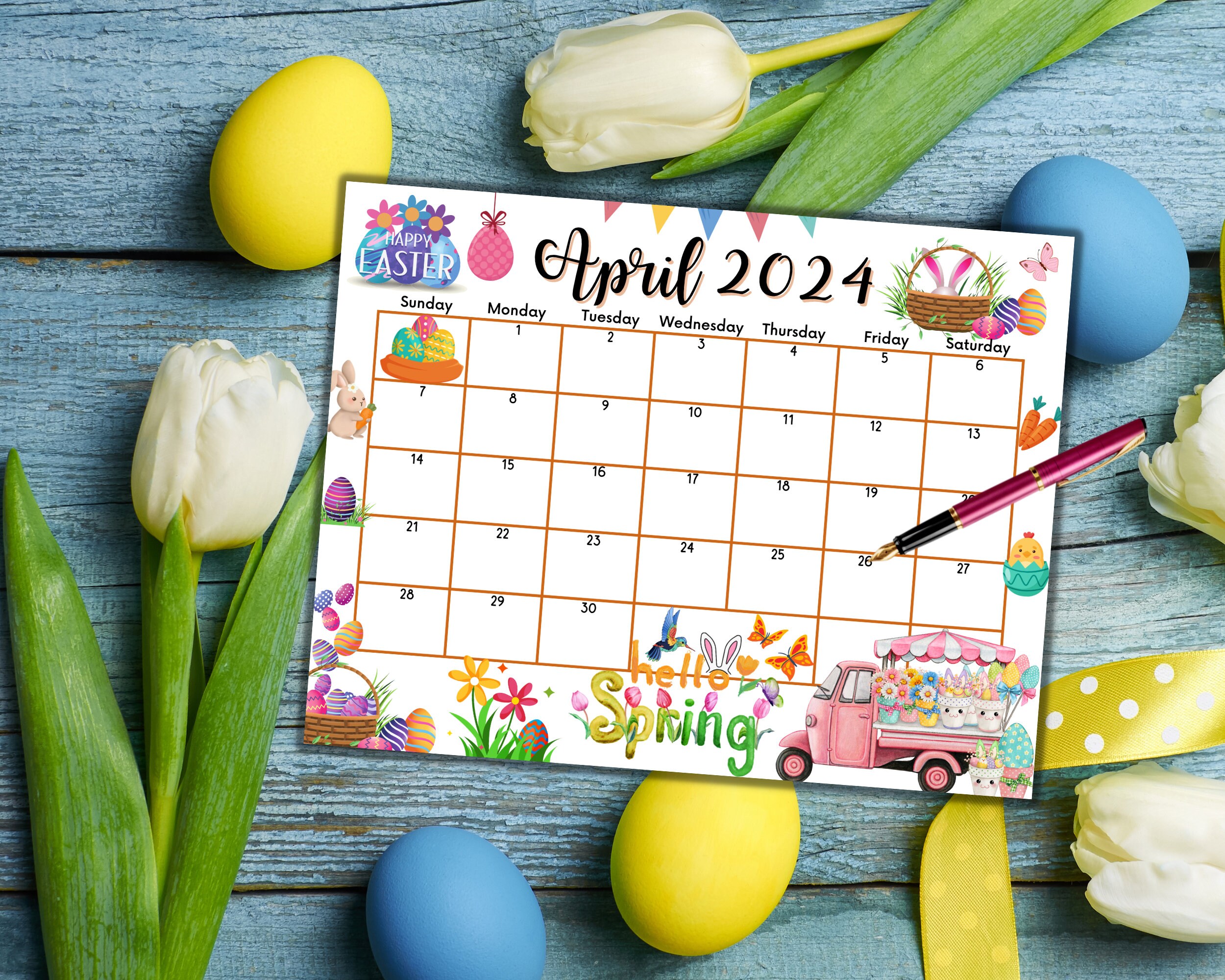 Editable Fillable April 2024 Calendar for Happy Easter With Colorful ...
