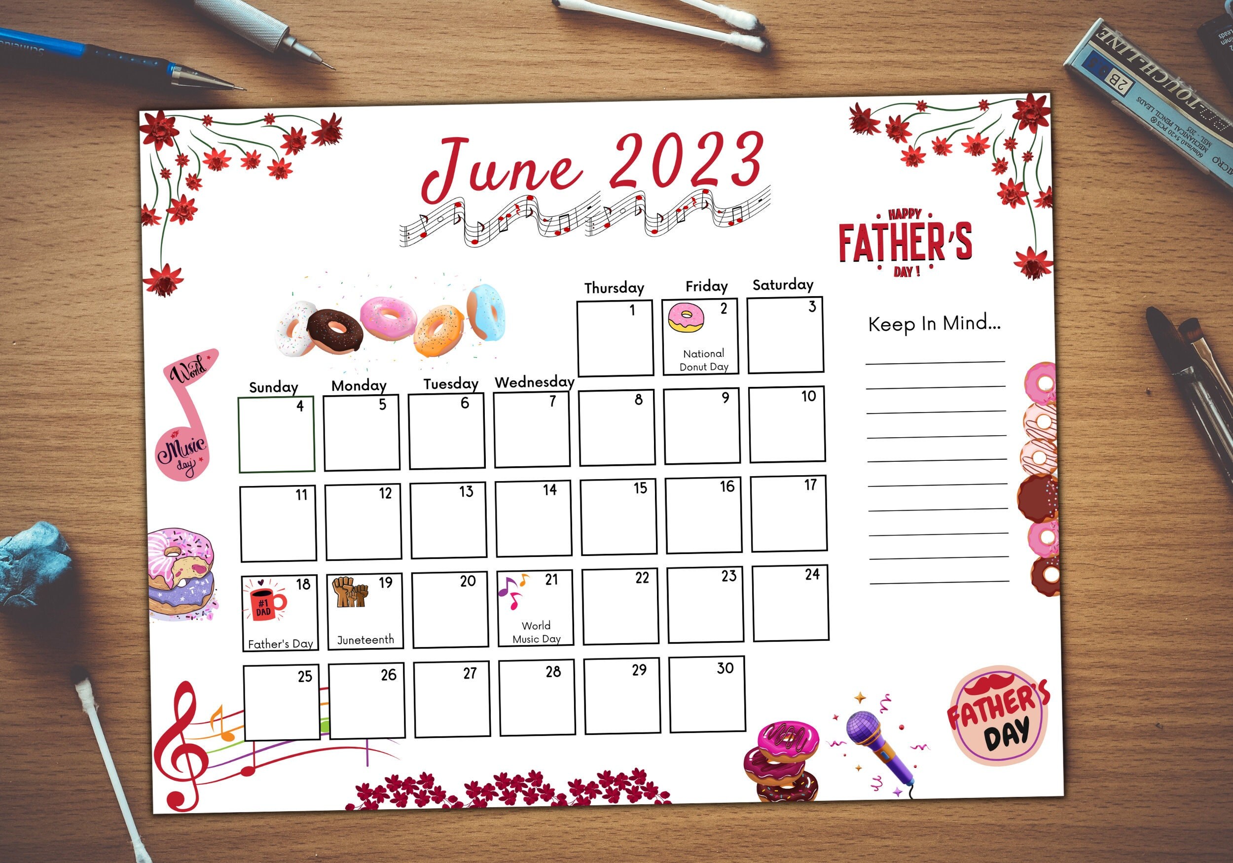 June 2023 Calendar Printable Father's Day One Month - Etsy