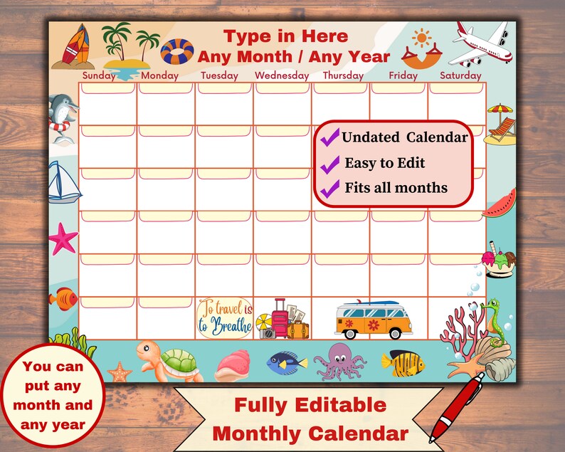 Fully Editable Undated Monthly Calendar for Vacation & Summer, Fillable ...