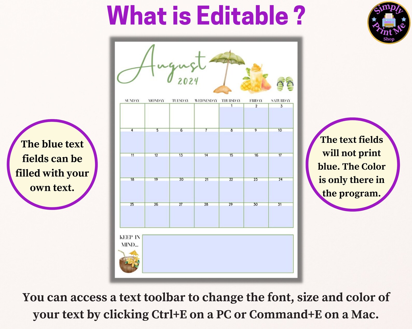 EDITABLE August 2024 Summer Calendar, Printable Classroom Planner ...