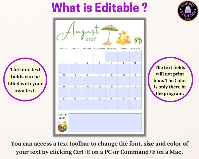 EDITABLE August 2024 Summer Calendar, Printable Classroom Planner ...