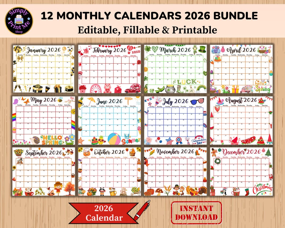 Editable Fillable Monthly Calendar 2026 Bundle From January to December ...