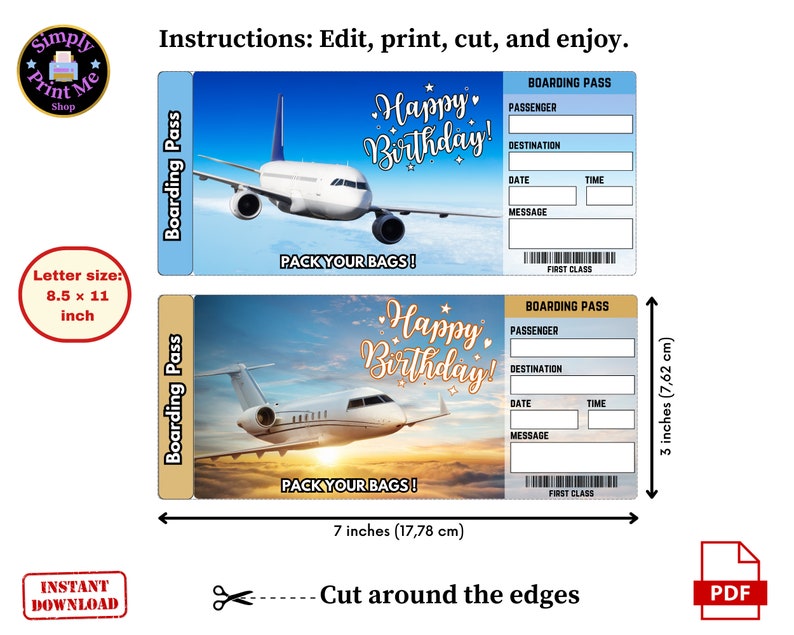 Editable Birthday Airplane Template Ticket, Printable Boarding Pass ...