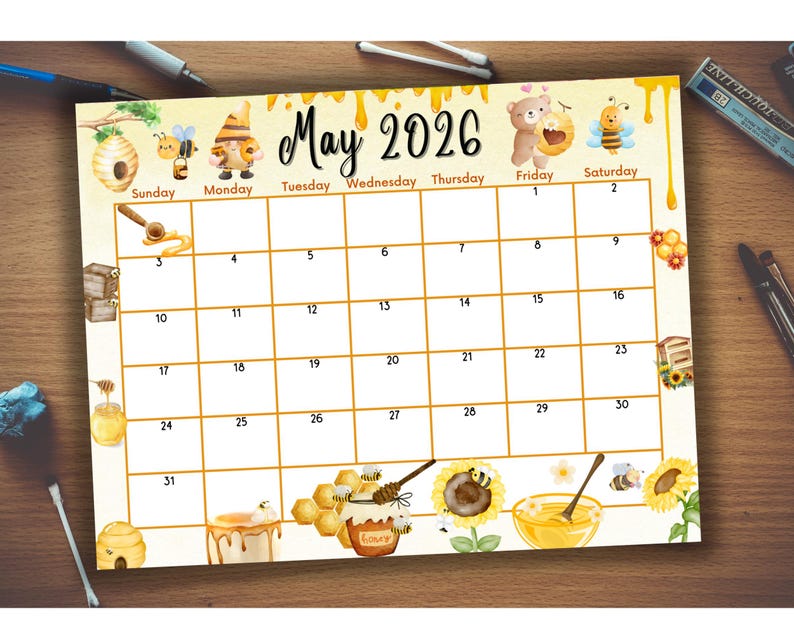 Editable Fillable May 2026 PDF Calendar for Spring With Honey Bees ...