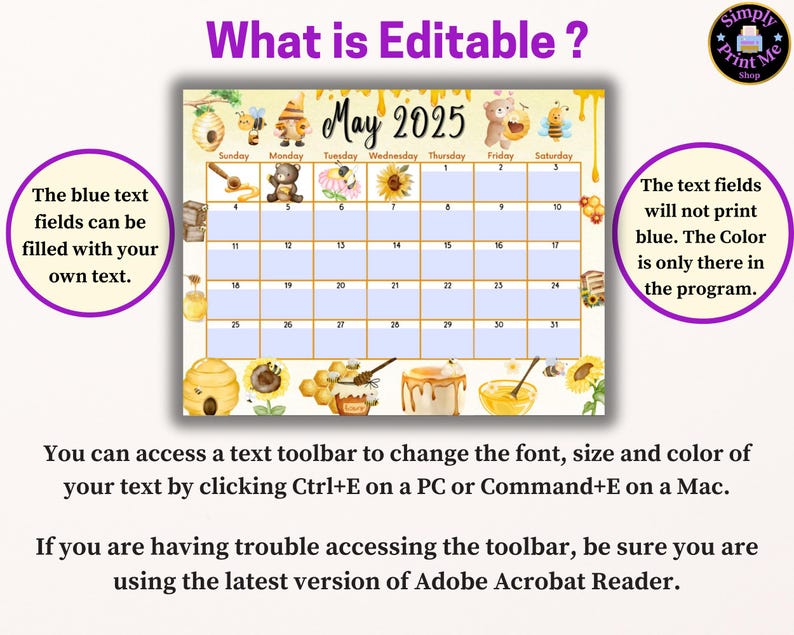 Editable Fillable May 2025 Calendar for Spring With Cute Honey Bees ...