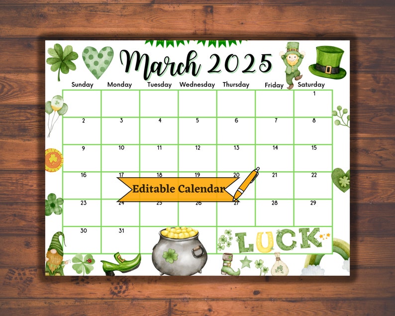 Editable Fillable March 2025 Calendar for St. Patrick's Day, Printable ...