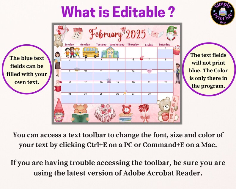 Editable Fillable February 2025 Calendar for Valentine’s Day, Printable ...
