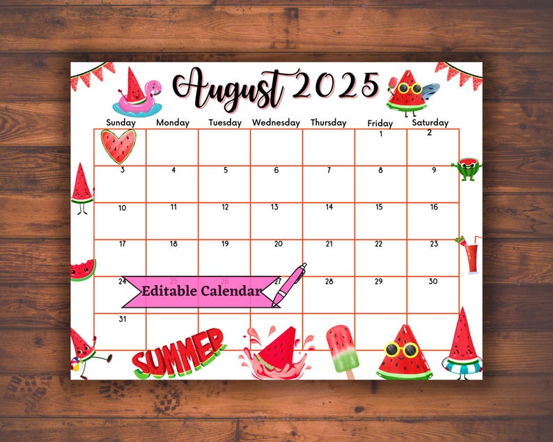 Editable Fillable August 2025 Calendar for Happy Summer Vacation, Funny ...