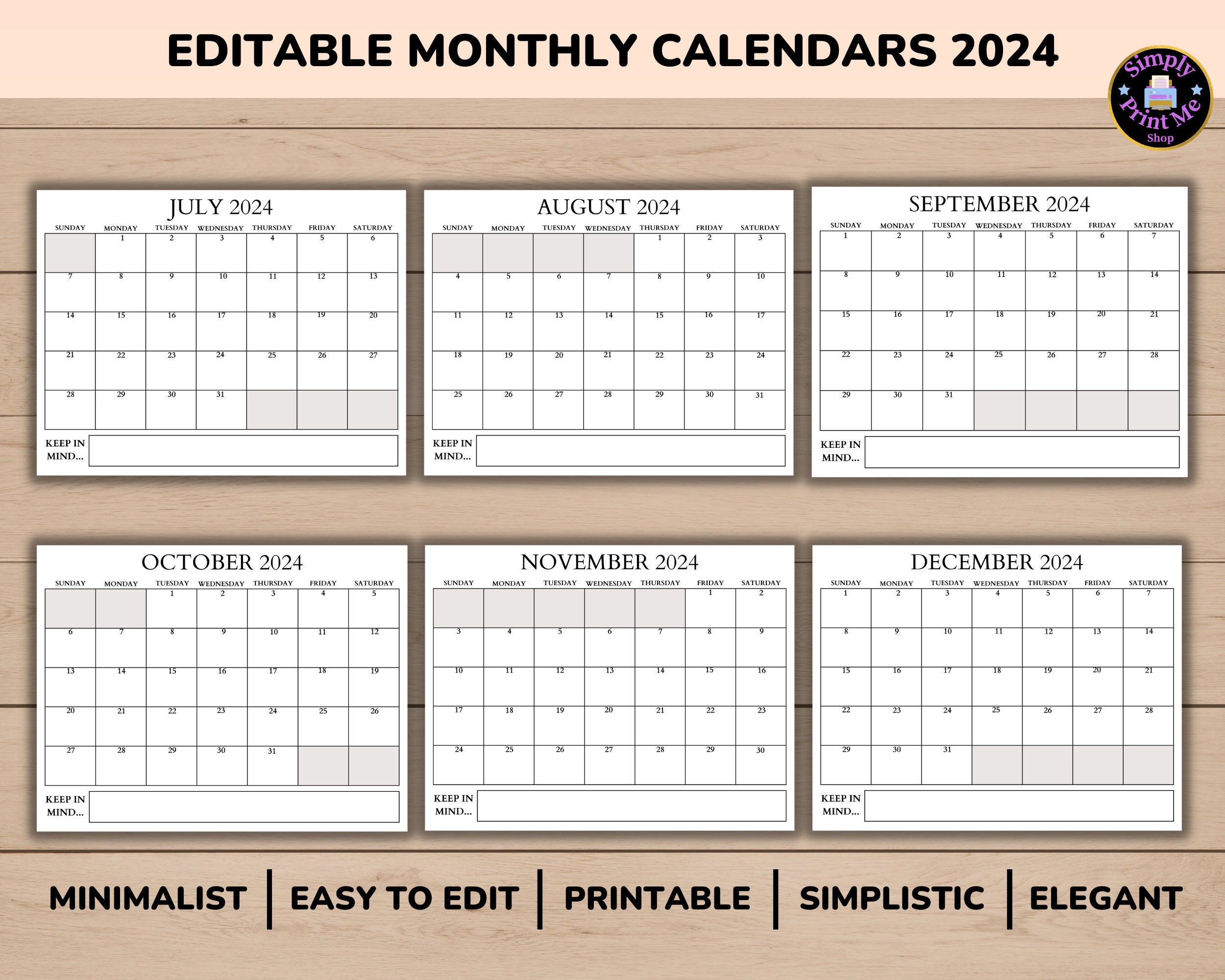 EDITABLE Monthly Calendar 2024 Bundle, 12 Month, Minimalist Elegant ...