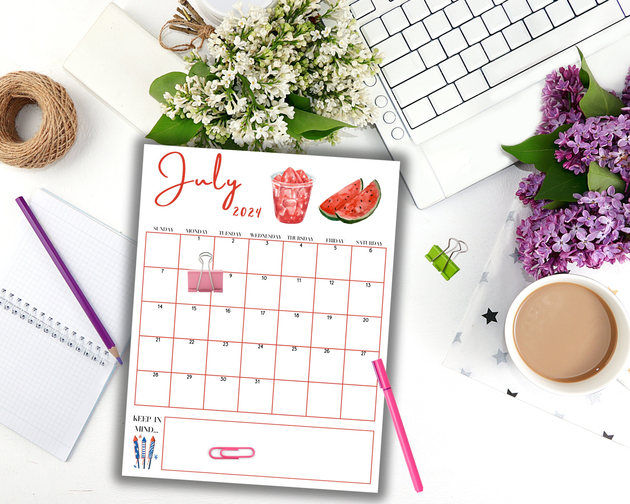 Editable Fillable July 2024 Calendar for Happy Summer, Printable ...