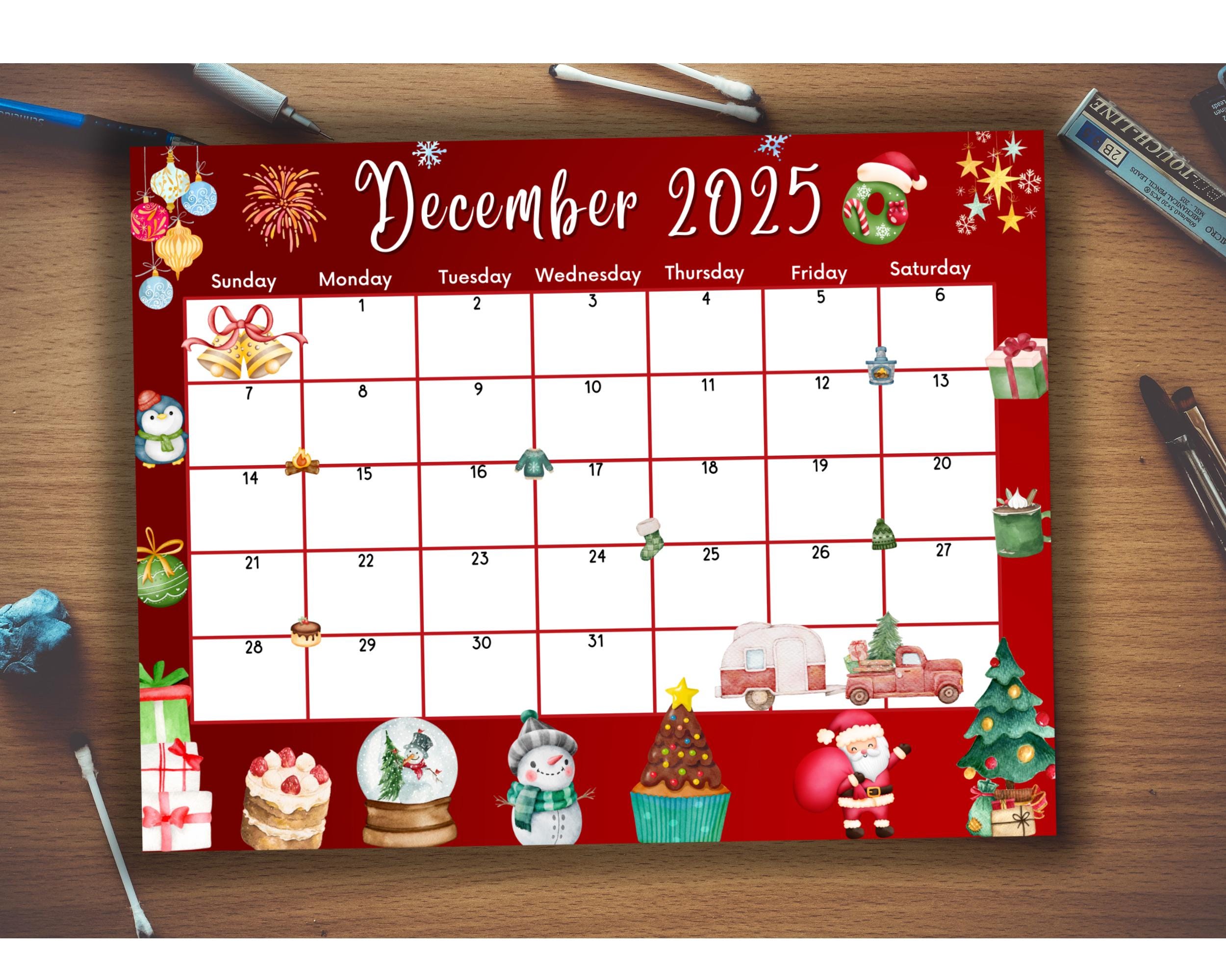 Editable Fillable December 2025 Calendar for Joyful Merry Christmas ...