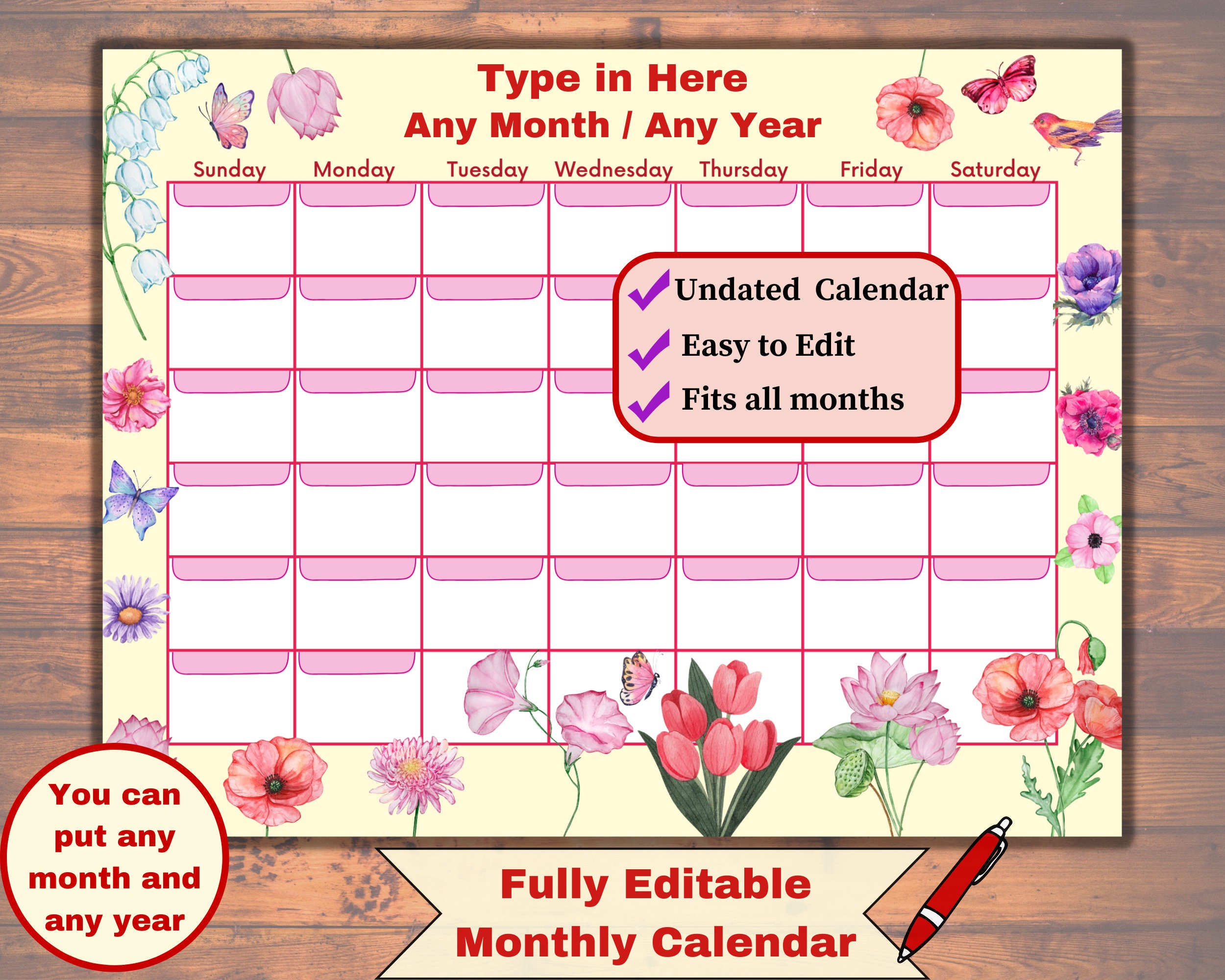 Fully Editable Undated Monthly Calendar With Lovely Flowers, Fillable ...