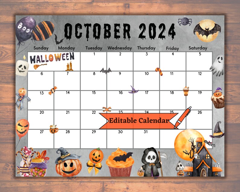 Editable Fillable October 2024 Calendar for Spooky Happy Halloween ...
