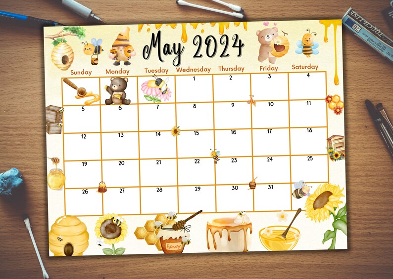Editable Fillable May 2024 Calendar for Spring With Cute Honey Bees ...