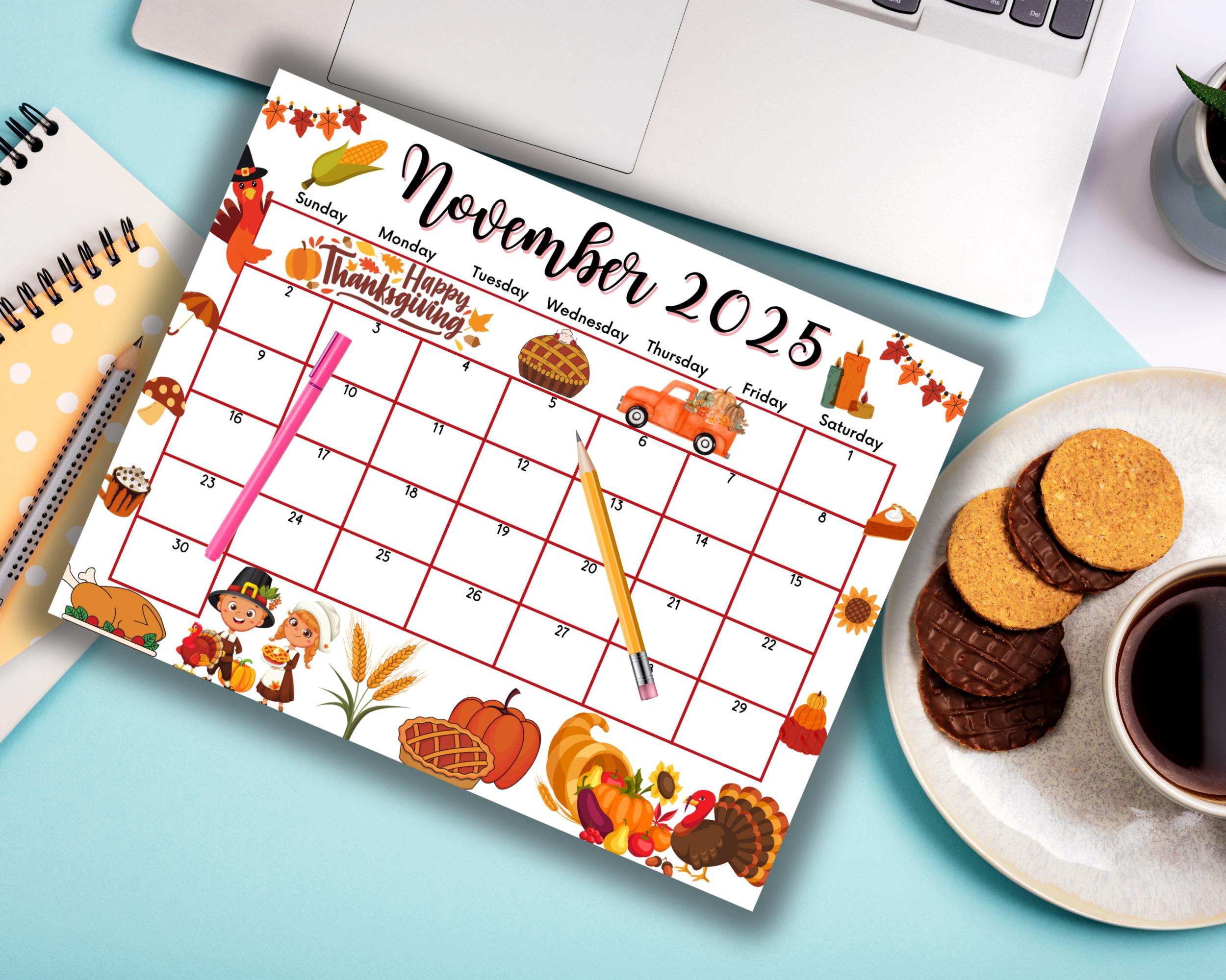 Editable Fillable November 2025 Calendar for Happy Thanksgiving With ...