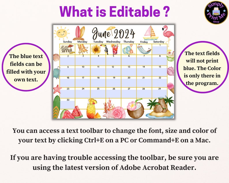 Editable Fillable June 2024 Calendar for Joyful Summer at the Beach ...