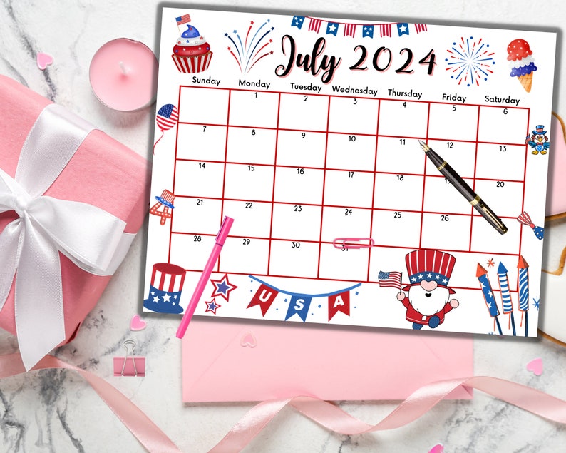 Editable Fillable July 2024 Calendar for Happy 4th July Independence ...