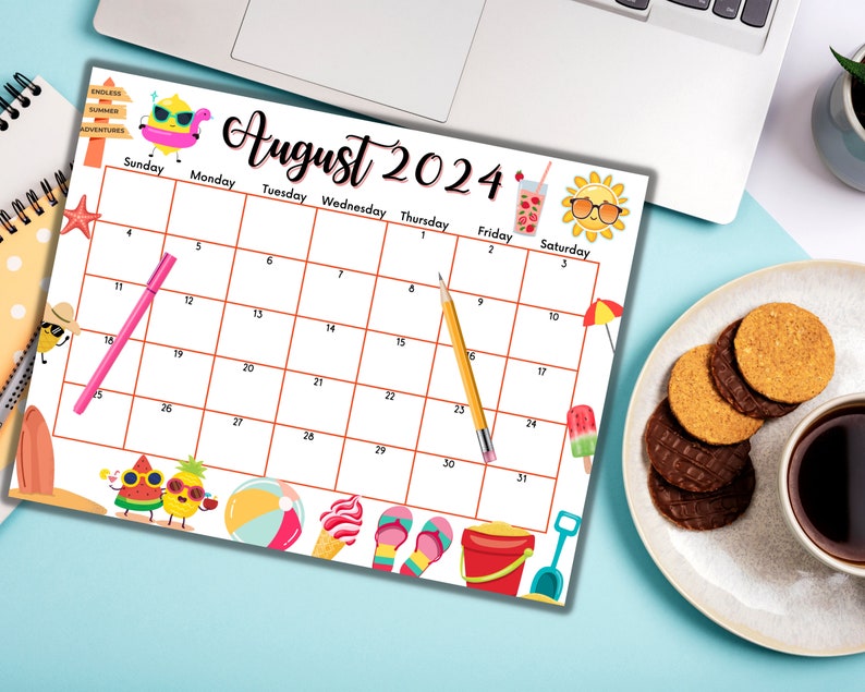 Editable Fillable August 2024 Calendar for Happy Summer Vacation at the ...