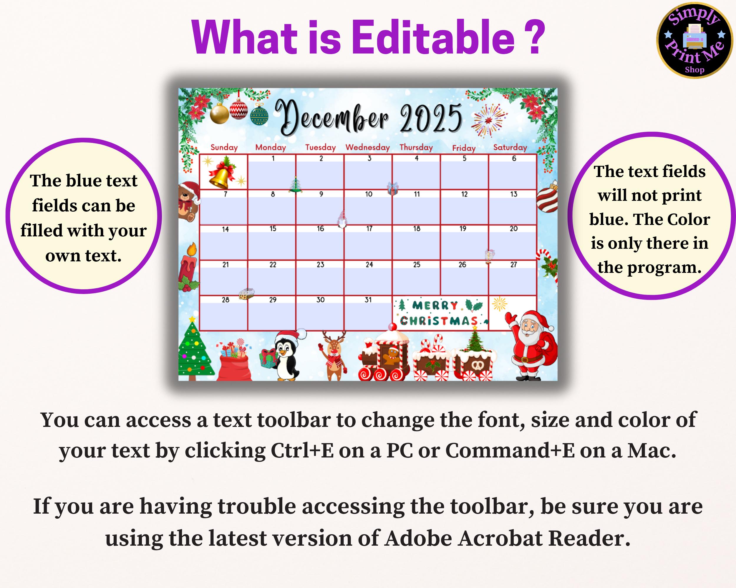 Editable Fillable December 2025 Calendar for Merry Christmas With ...