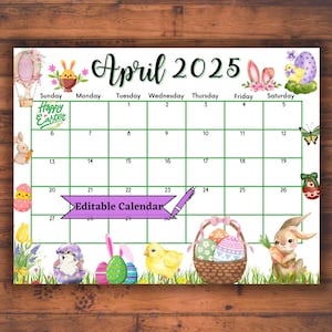 Editable Fillable April 2025 Calendar for Happy Easter With Cute ...