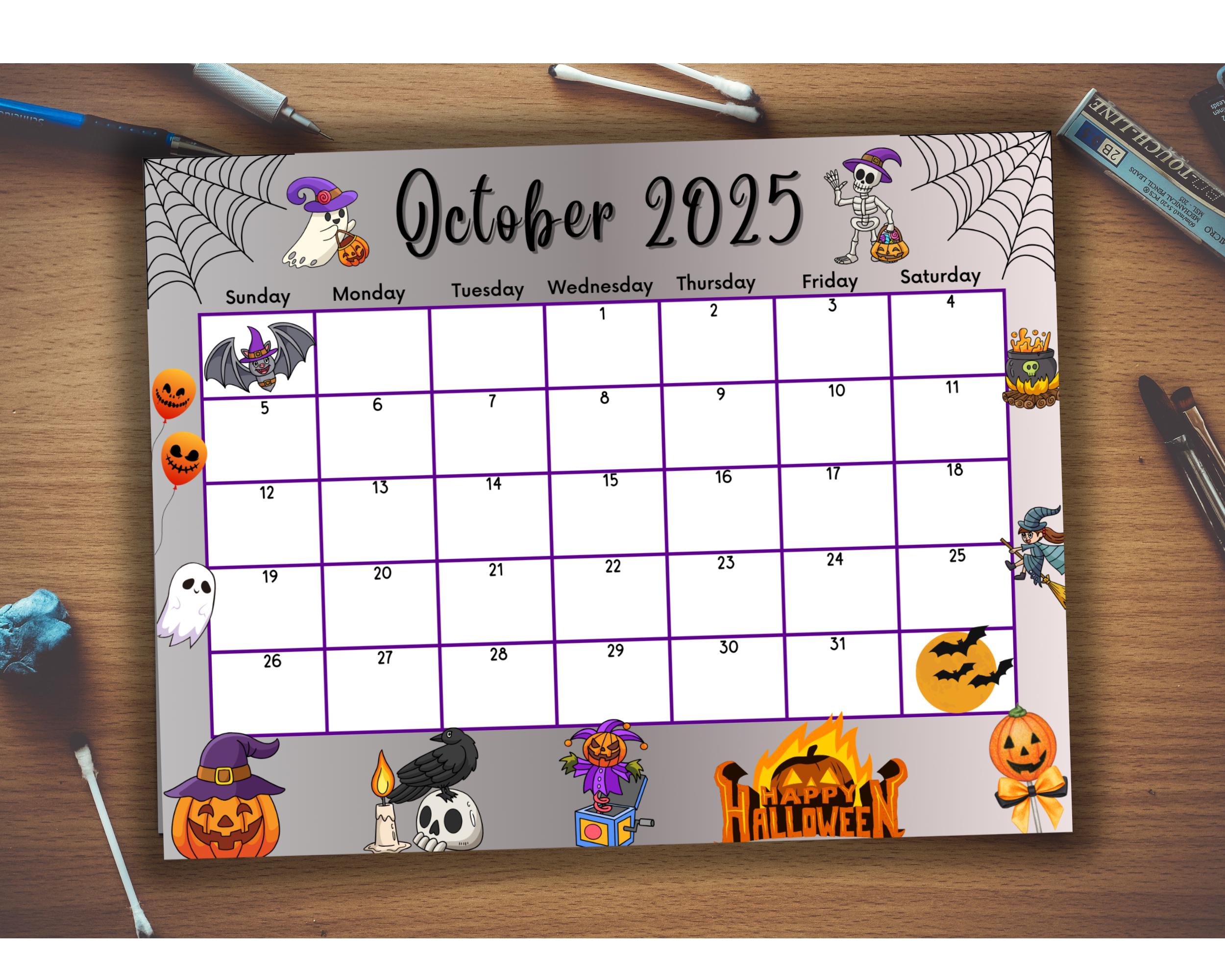 Editable Fillable October 2025 Calendar for Spooky Happy Halloween ...