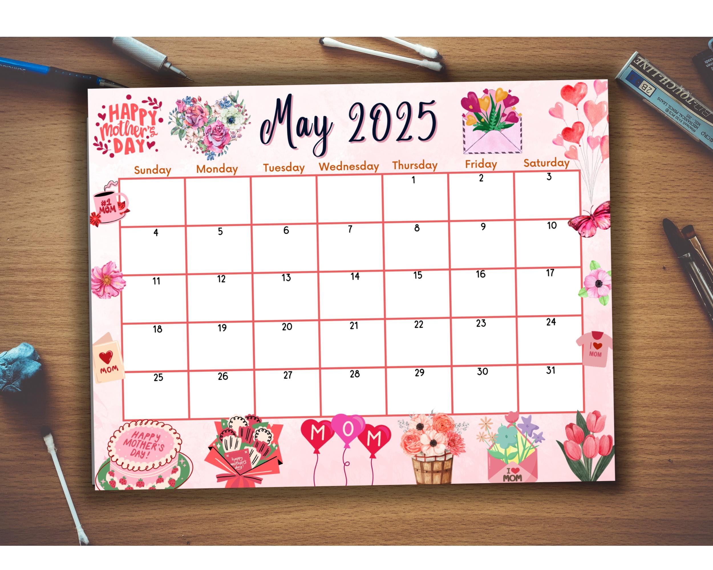 Calendario editable y rellenable de mayo de 2025 para el Día de la ...
