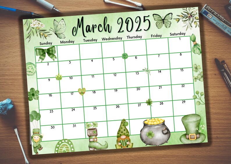 Editable Fillable March 2025 Calendar for St. Patrick's Day, Printable ...