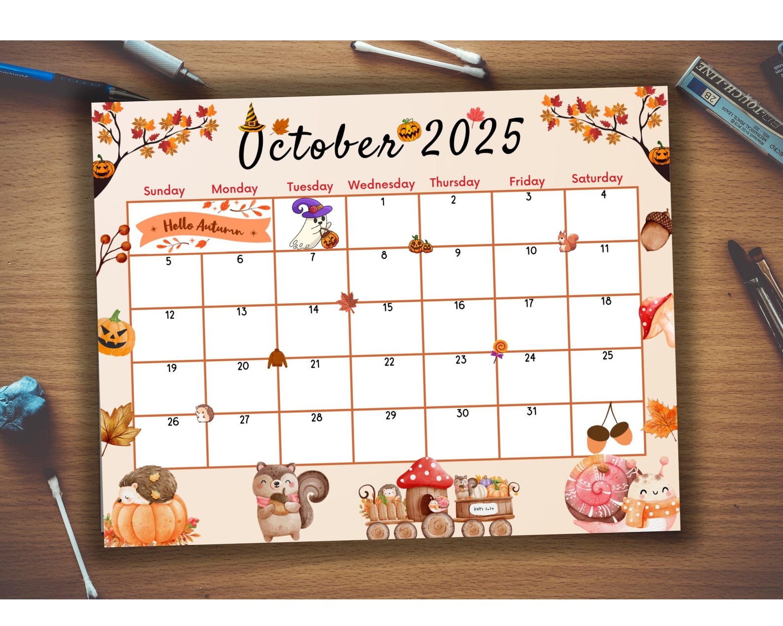 Editable Fillable October 2025 Calendar for Autumn, Fall, Happy ...
